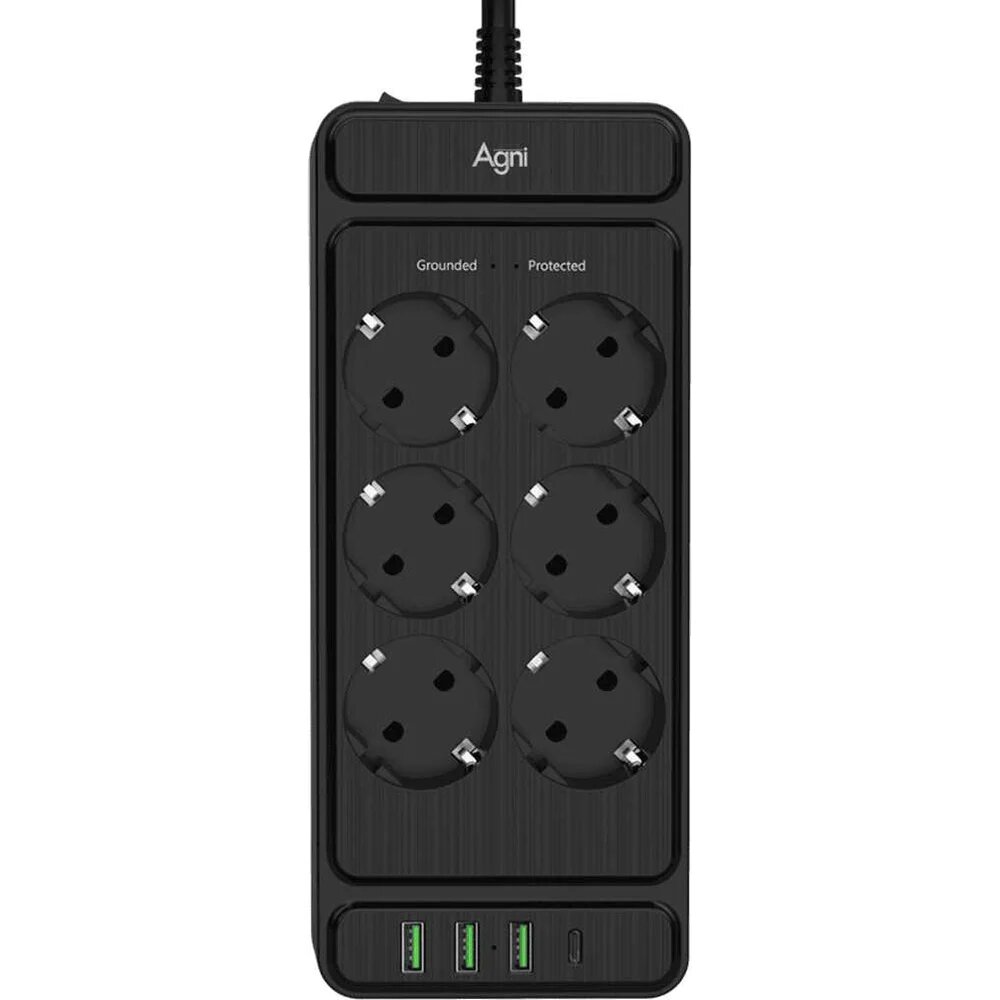 Сетевой фильтр плоский AGNI 6 розеток с кабелем 3м, черный, 3USB-A+1USB-C TP-FS4U6E-C-3m-black