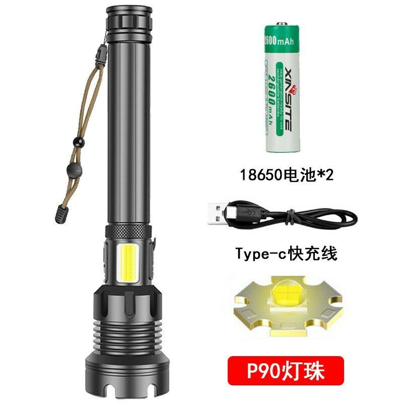 Длинный фонарь P90 с USB-кабелем и 2x батареями 18650, перезаряжаемый, 2500 люменов