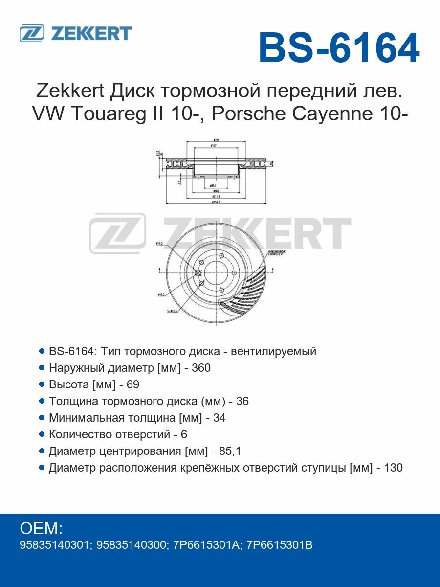 Zekkert Диск тормозной передний лев. VW Touareg II 10-, Porsche Cayenne 10-