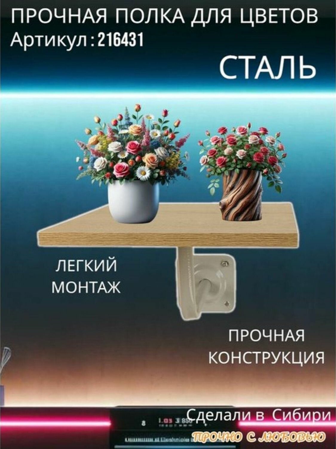 Полка настенная прямая для цветов, книг, документов, принтера, серый, дуб сонома