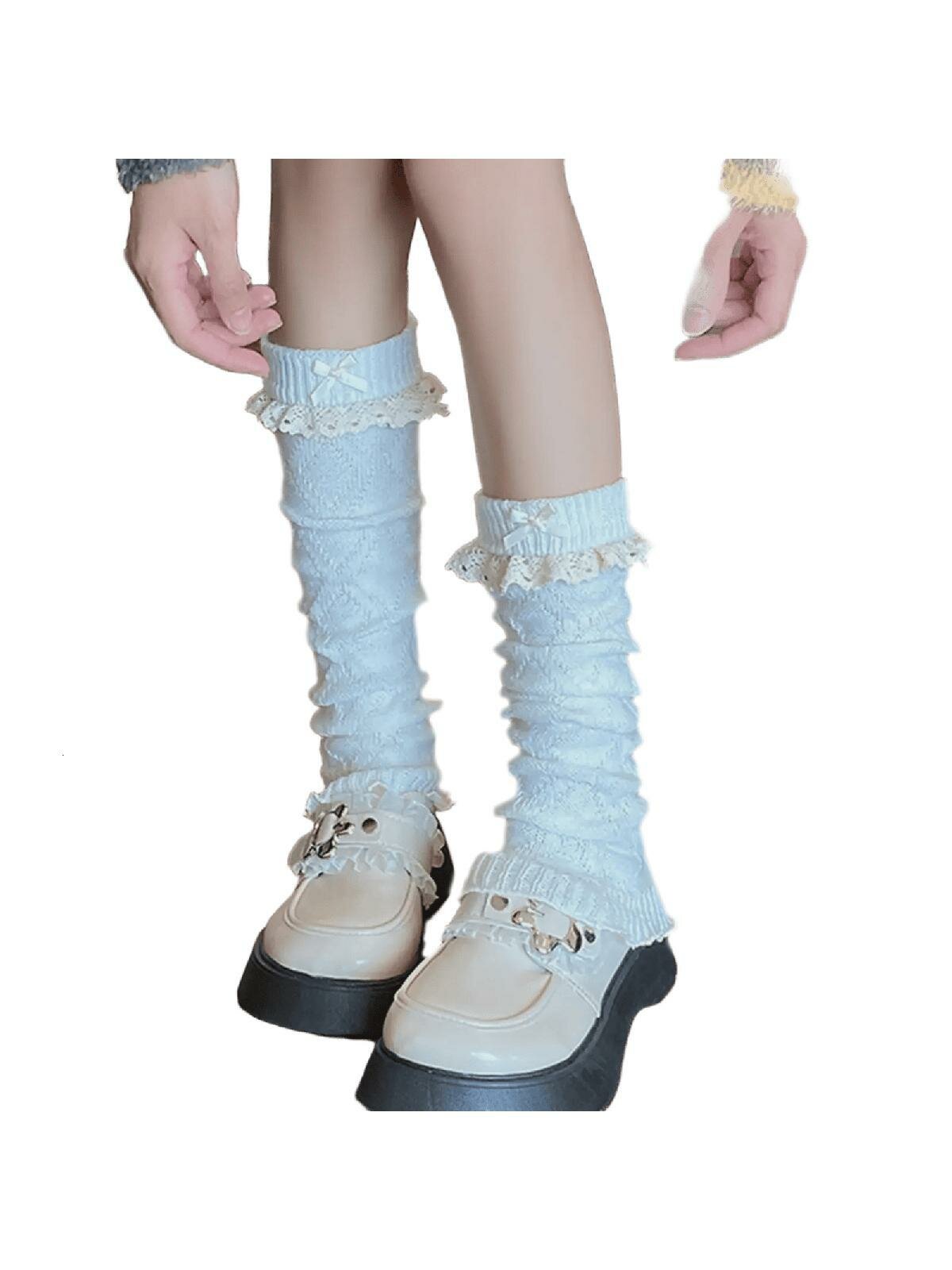 Женские вязаные гетры с кружевами и бантом, белые волны