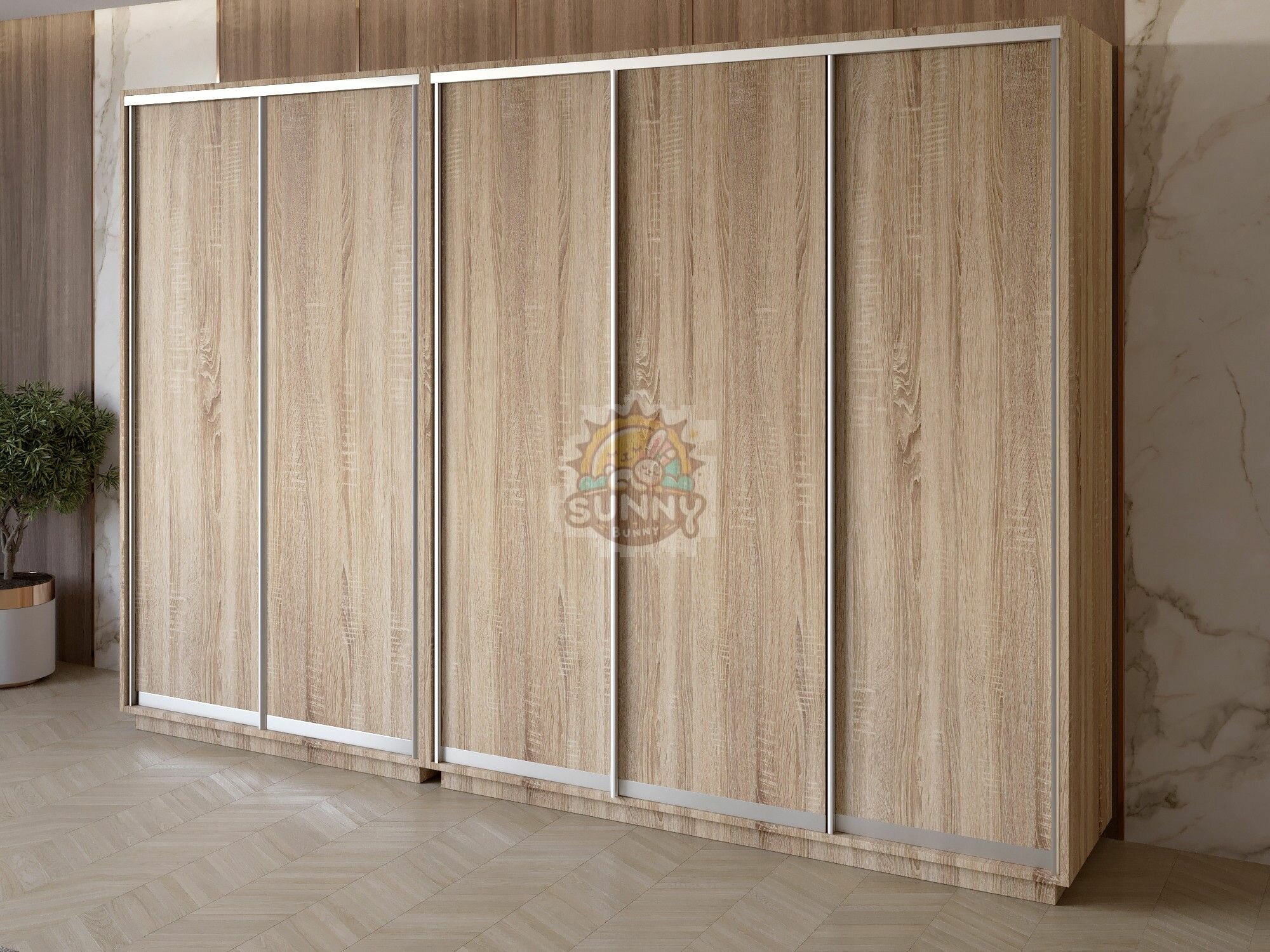 Шкаф-купе Вилли 5-ти дверный модульный (2+3) ЛДСП, профиль серебро, 300х60х240 см. Дуб Сонома