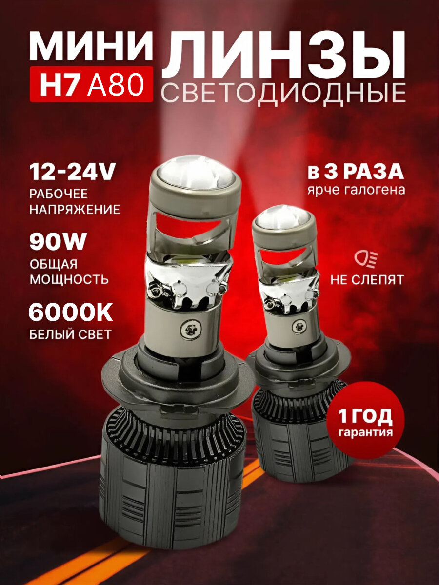Светодиодные лампы H7 A80 MAX, мини линзы h7, лед лампы H7 белые 6000k
