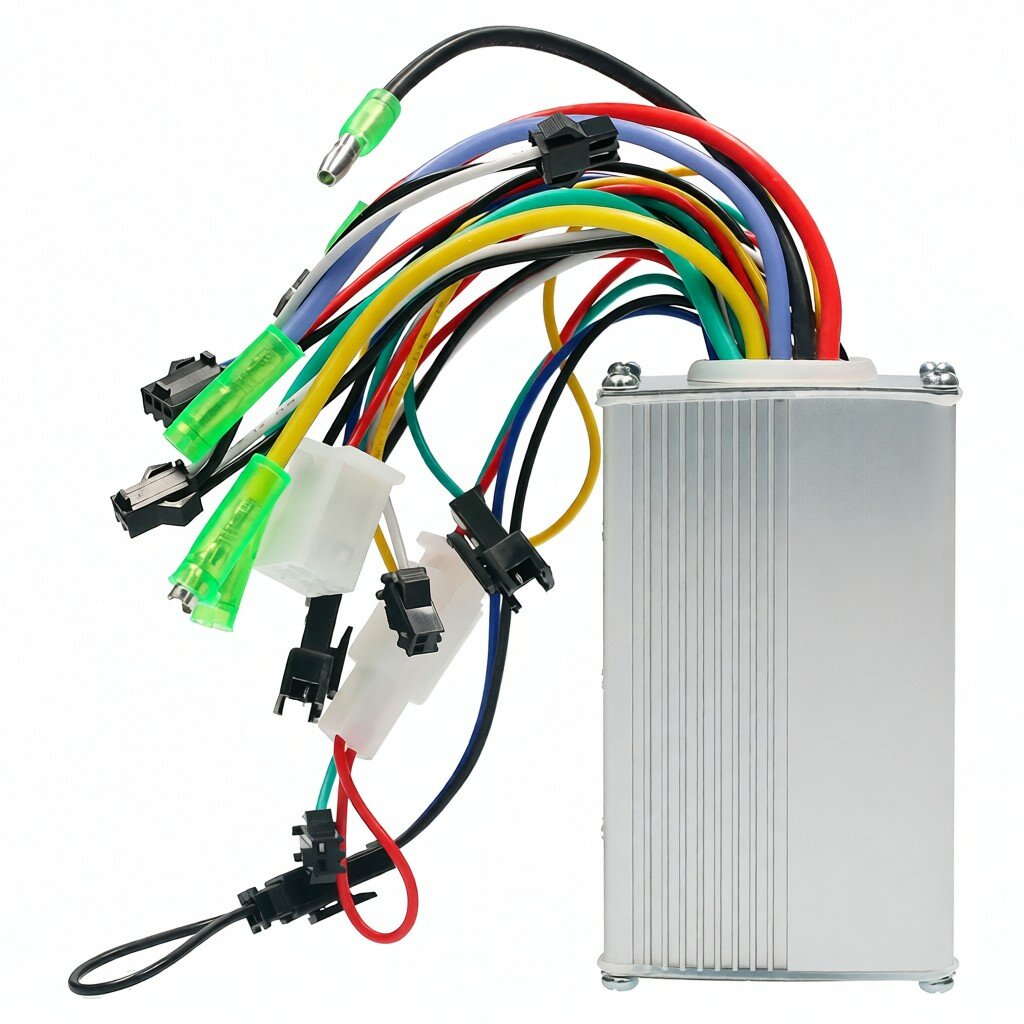 Безщеточный контроллер двигателя, Корпус из алюминиевого сплава для электробайка и электроскутера, Мощность 250W/350W, Напряжение 36-48V, Ток 13A, Нижнее напряжение DC 30V/42V, Угол фазы двигателя 120°/60°, Размер 90*52*30 мм, Вес упаковки 196 г, 1 шт.