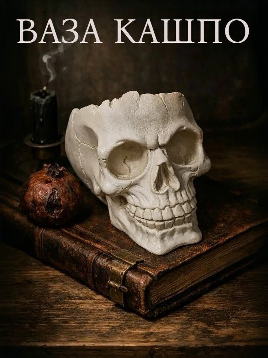 Кашпо авторское ДЕКОР67 Череп, настольный, гипсовое, белое, 13 см x 7 см x 15см