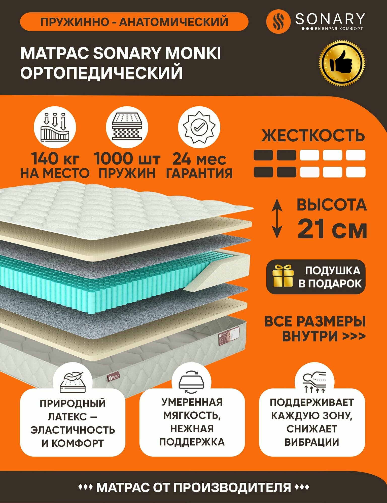 Матрас Sonary Monki 65х190 серии Flow, высота 21 см, анатомический средней жесткости латексный Независимые пружины