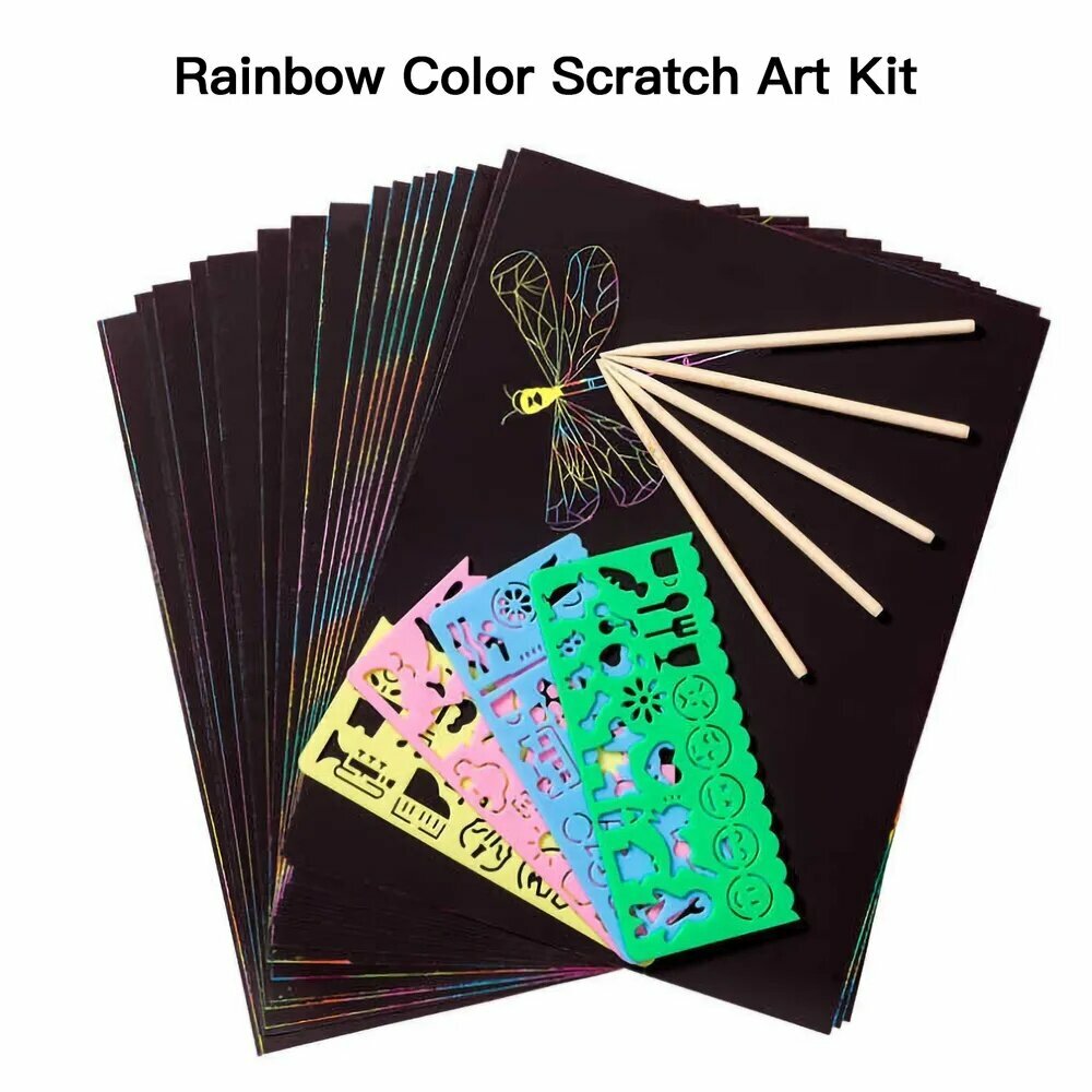 Набор для рисования Rainbow Magic Scratch Paper, 50 шт, чёрные скретч-листы с 5 деревянными стилусами и 4 трафаретами для рисования для детей