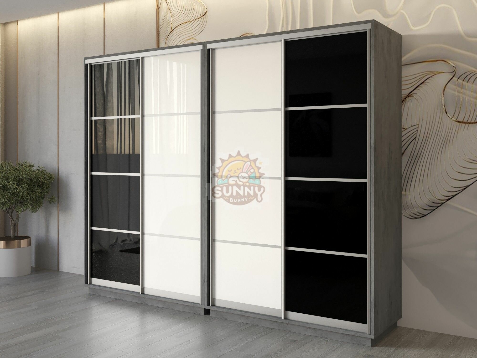 Шкаф-купе Флорида 4дв. (2+2) Стекло черное 2/Стекло белое 2, профиль серебро, 280х60х220 см. Бетон