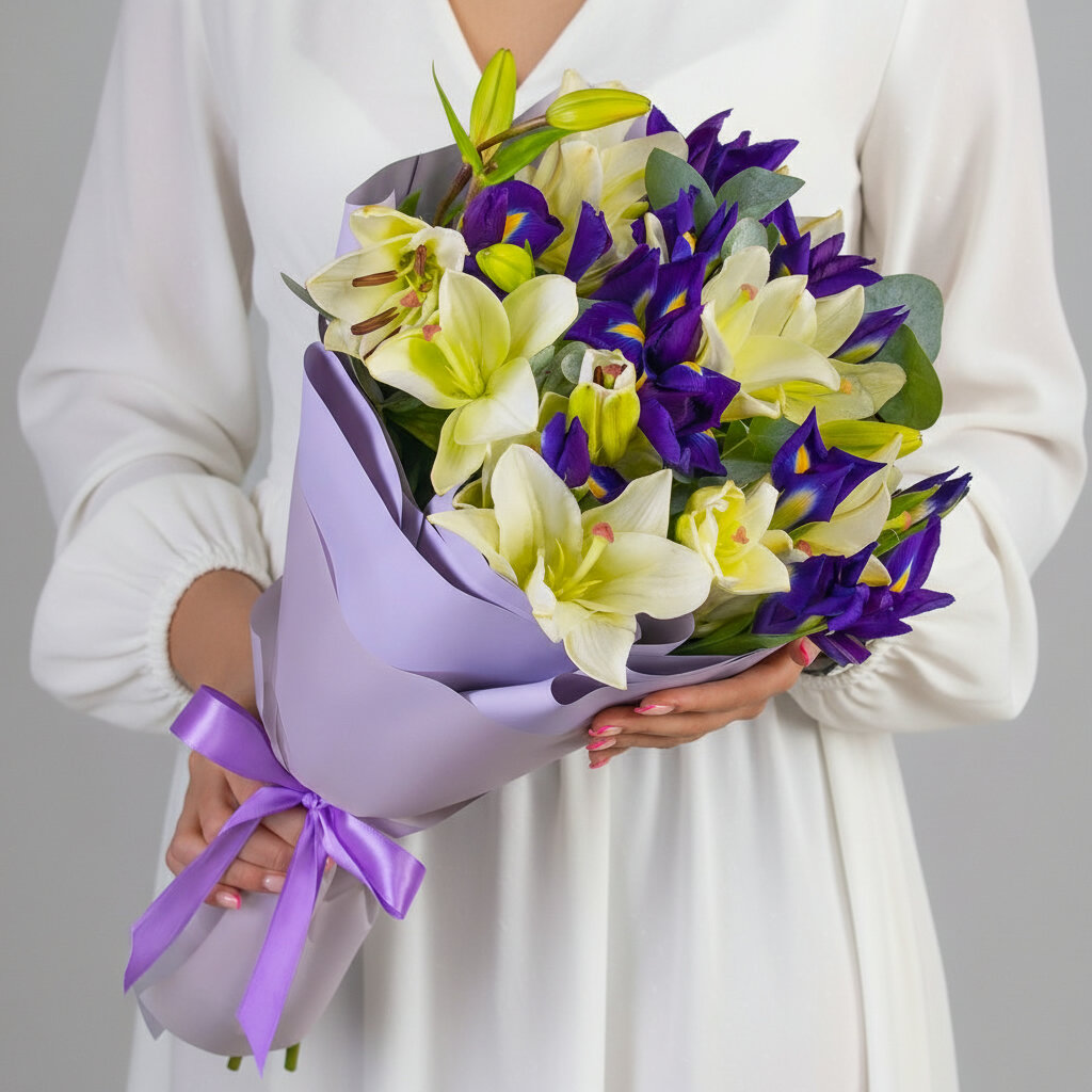 Дуо-букет Мегацвет24 Лилия и Ирисы, на стеблях, дизайнерская упаковка