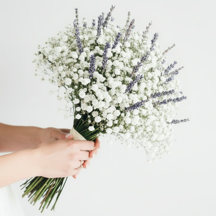 Букет невесты Мегацвет24 "Гипсофила и Лаванда", белый/сиреневый, под лентой