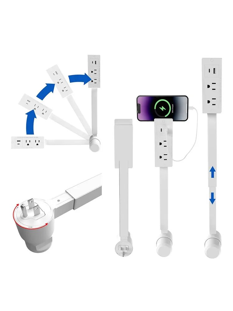 Удлинитель электрической розетки с USB-портами на 4 розетки, белого цвета, регулируемый