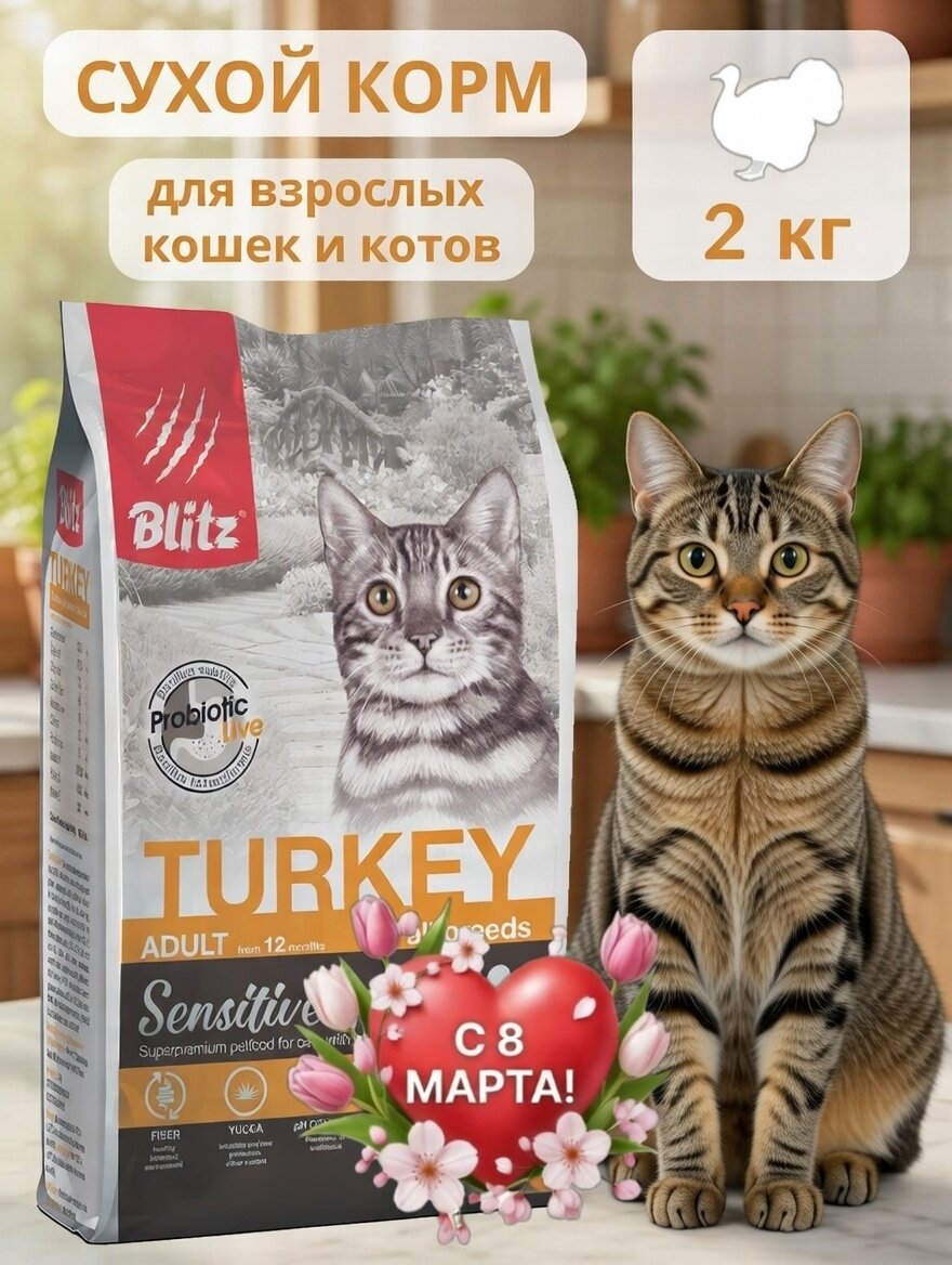 Сухой корм для кошек Blitz Sensitive Adult Turkey с индейкой, 2 кг