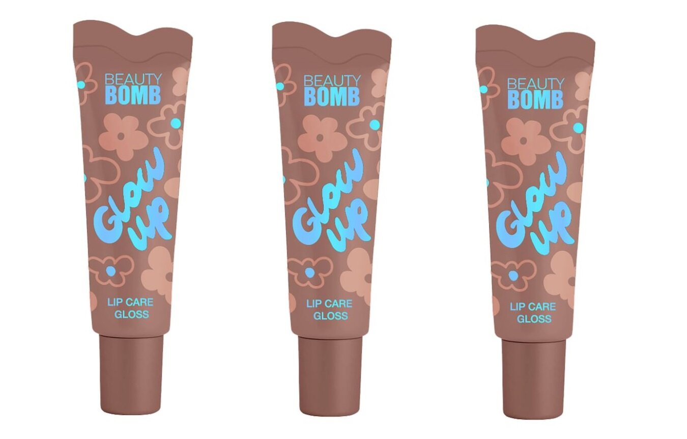Блеск-уход для губ Beauty Bomb Lip Care Gloss Glow Up, тон 01 полупрозрачный карамельный нюд, 10 г - 3 штуки