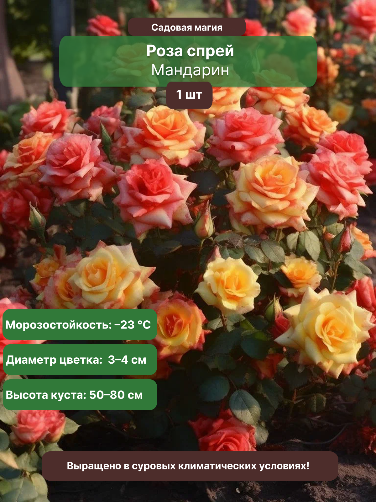 Роза спрей "Мандарин", многолетняя, оранжевая, красная, желтая, 1 шт.