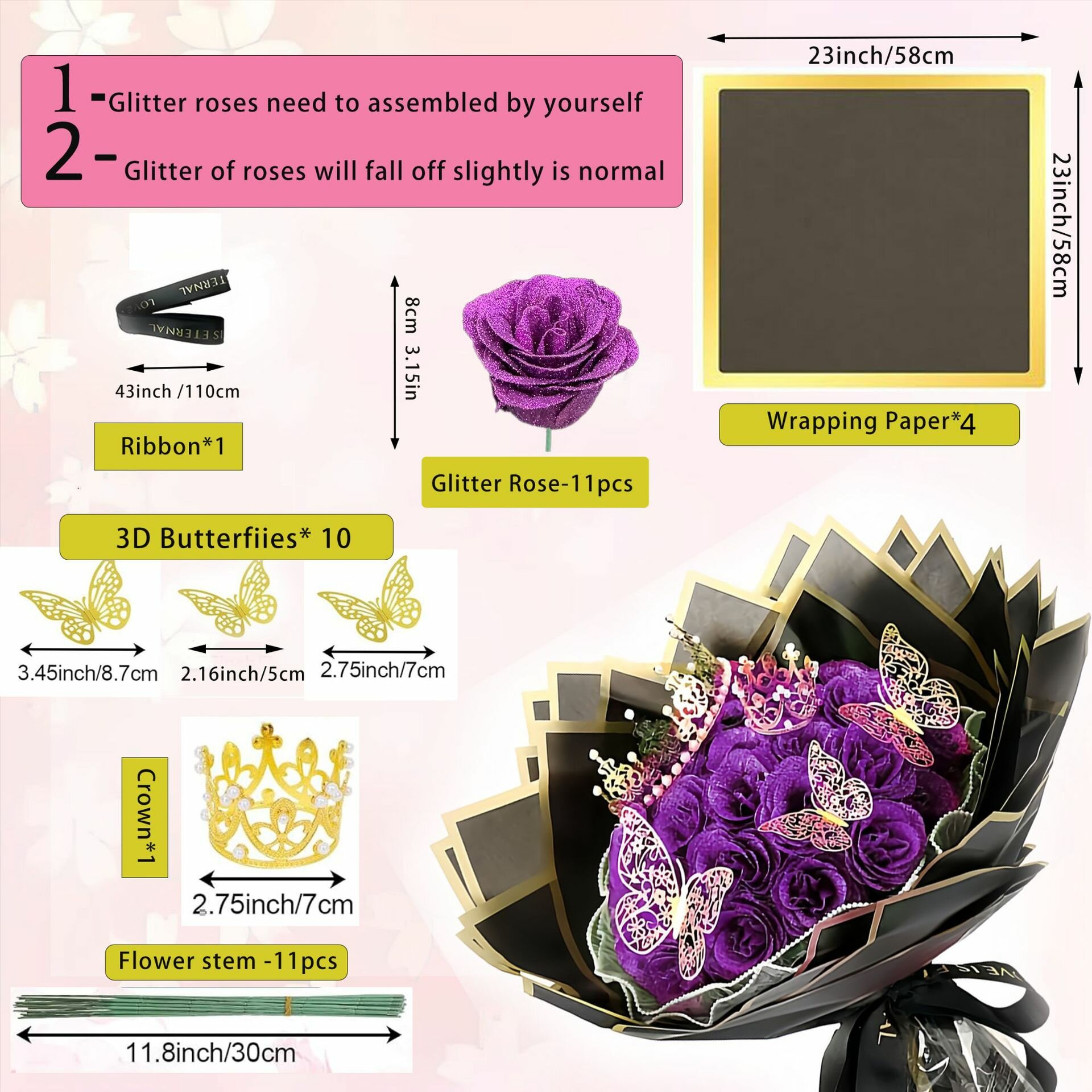 Блестящие розы, 3D-бабочки, корона, 24-36 штук, золотой блестящий букет, искусственные розы, бумага для упаковки своими руками, искусственные цветы на Хэллоуин.