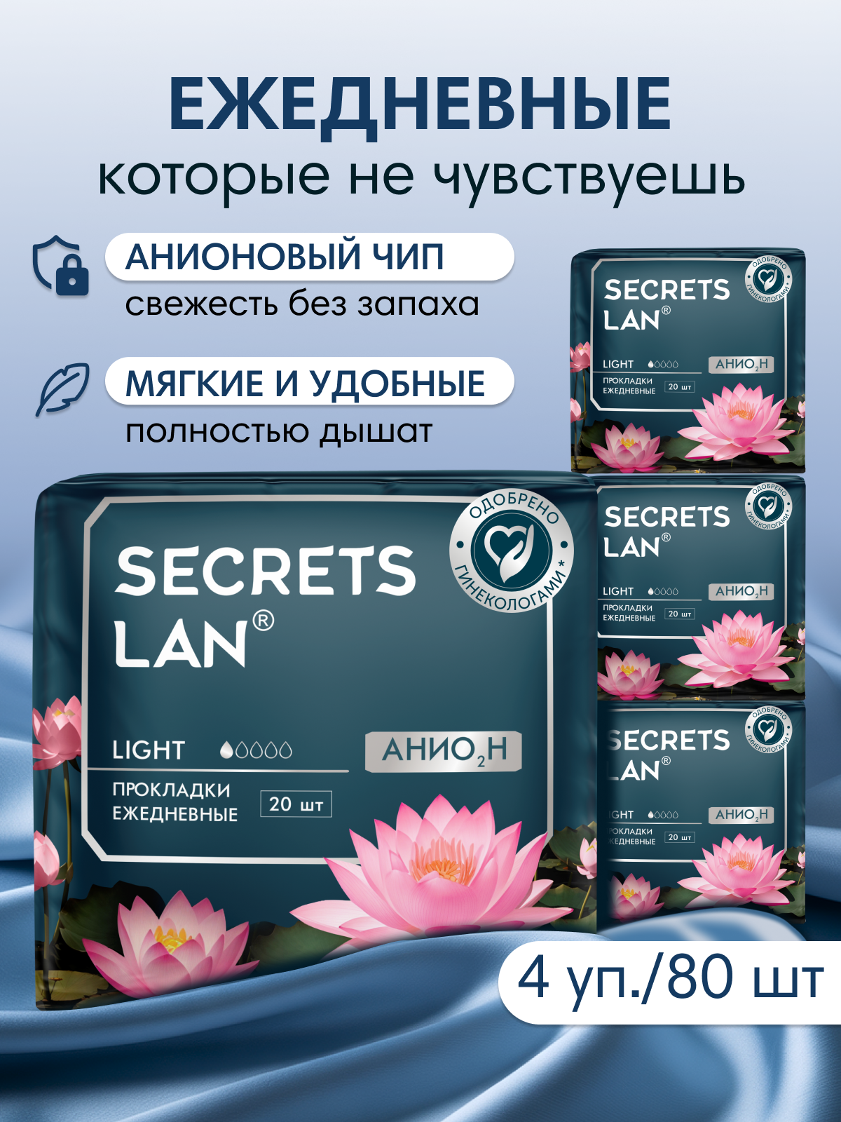 Прокладки ежедневные 80 шт Secrets Lan с анионовым чипом в индивидуальной упаковке