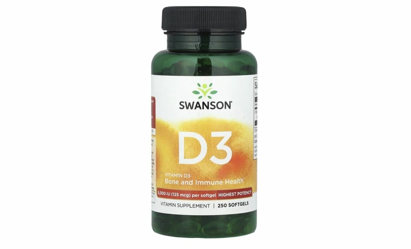 Витамин D3 125 мкг (5000 IU), Swanson Vitamin D3, 250 капсул, для костей, зубов, суставов, иммунитета