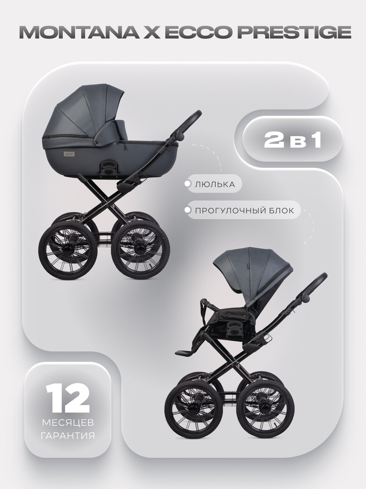 Коляска для новорожденных MONTANA X ECCO Prestige (2 в 1) (RIKO BASIC) 24 Graphite (графит)