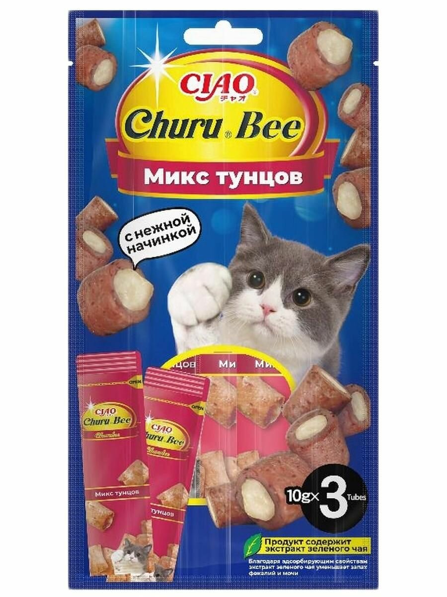Лакомство для кошек запечённые трубочки INABA, Churu Bee, микс тунцов, 3х10гр