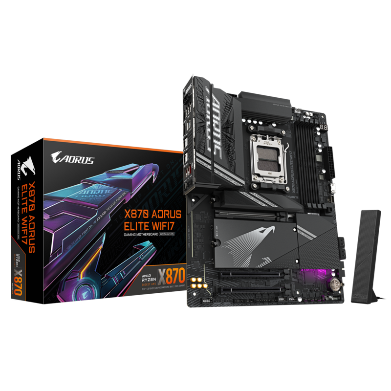 Материнская плата X870 AORUS ELITE WIFI7, Socket AM5, AMD X870, 4xDDR5-5200, HDMI, 3xPCI-Ex16, 4xSATA3(RAID 0/1/10), 4xM.2, 6 Ch Audio, 1x2,5GLan, (4+4)xUSB2.0, (6+2)xUSB3.2, (2+1)xUSB Type-C™, ATX, RTL
