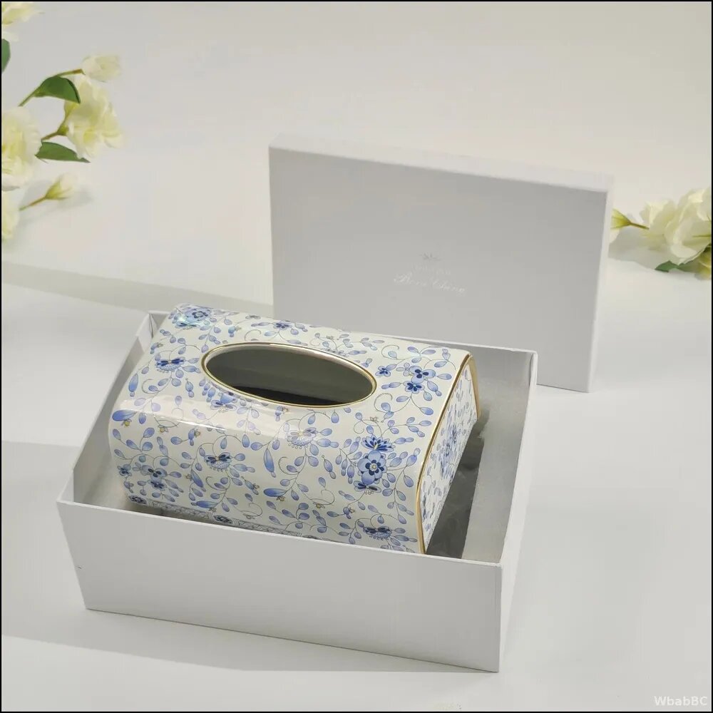 Салфетница из костяного фарфора, 1 шт. Белая с синим цветочным узором