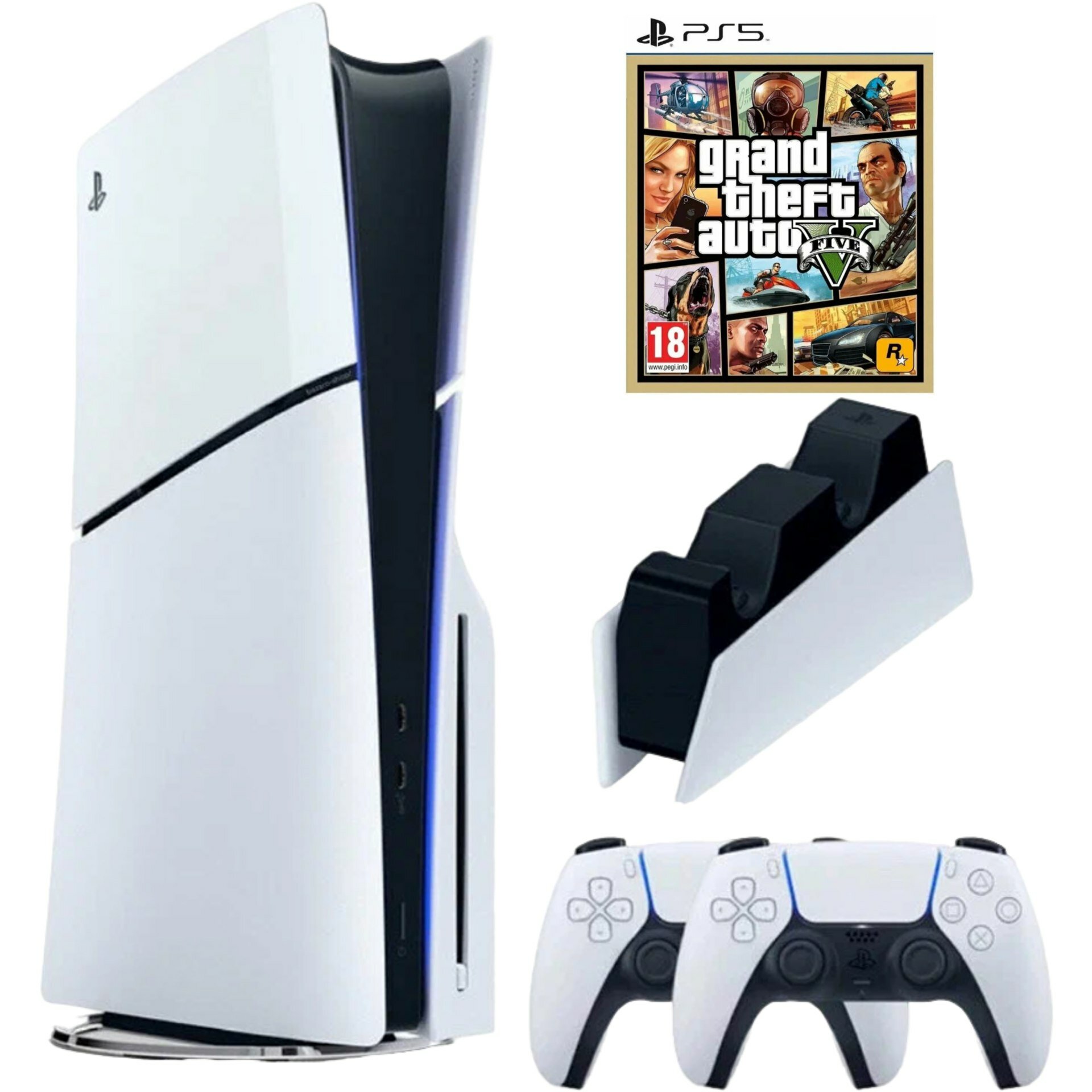 PS5 (ПС5) Игровая приставка Sony PlayStation 5 Slim disc + 2-й геймпад белый + зарядное + игра GTA 5