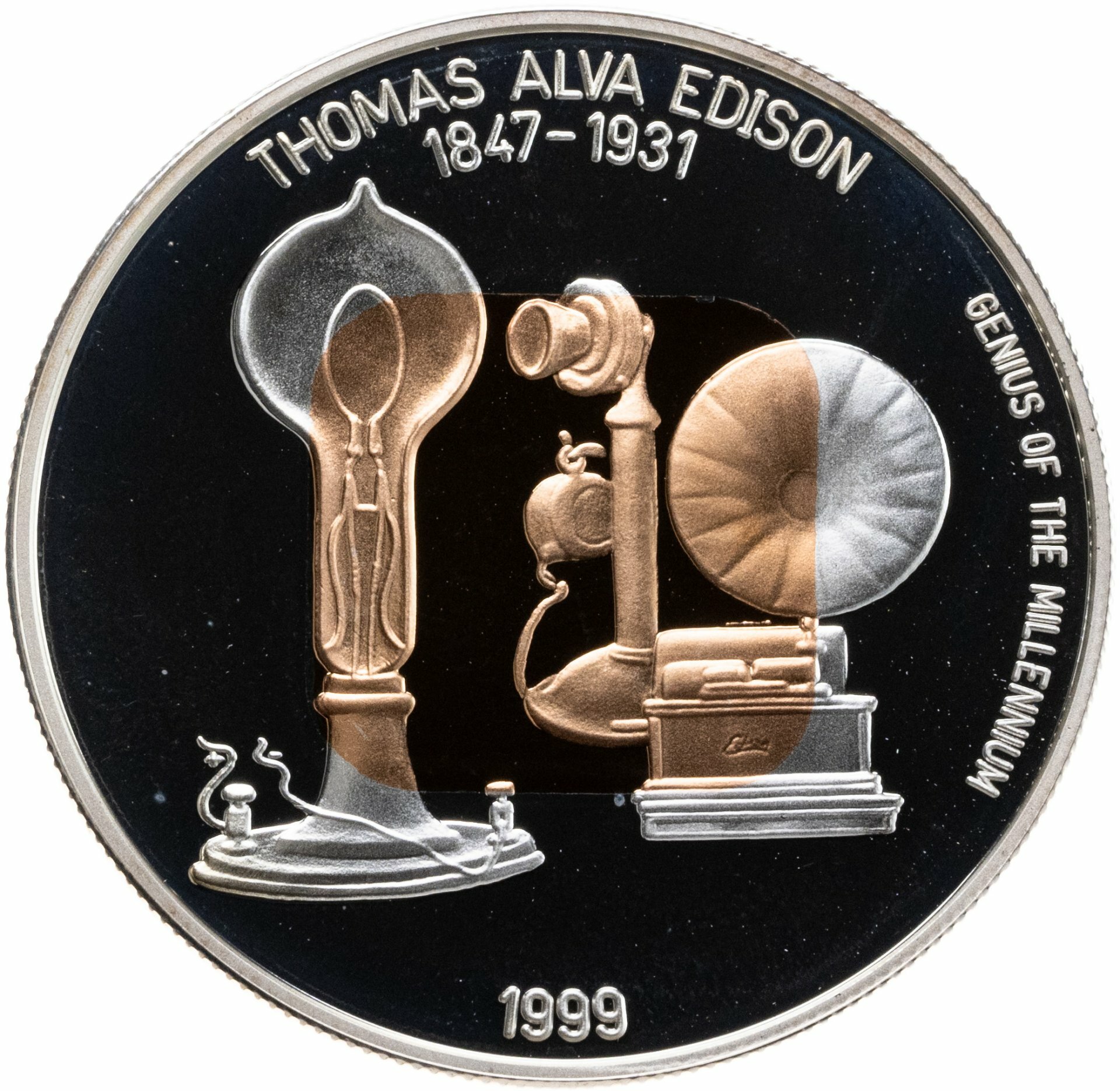 Монголия 500 тугриков 1999 "Эдисон", Серебро 925, в сохранности Proof