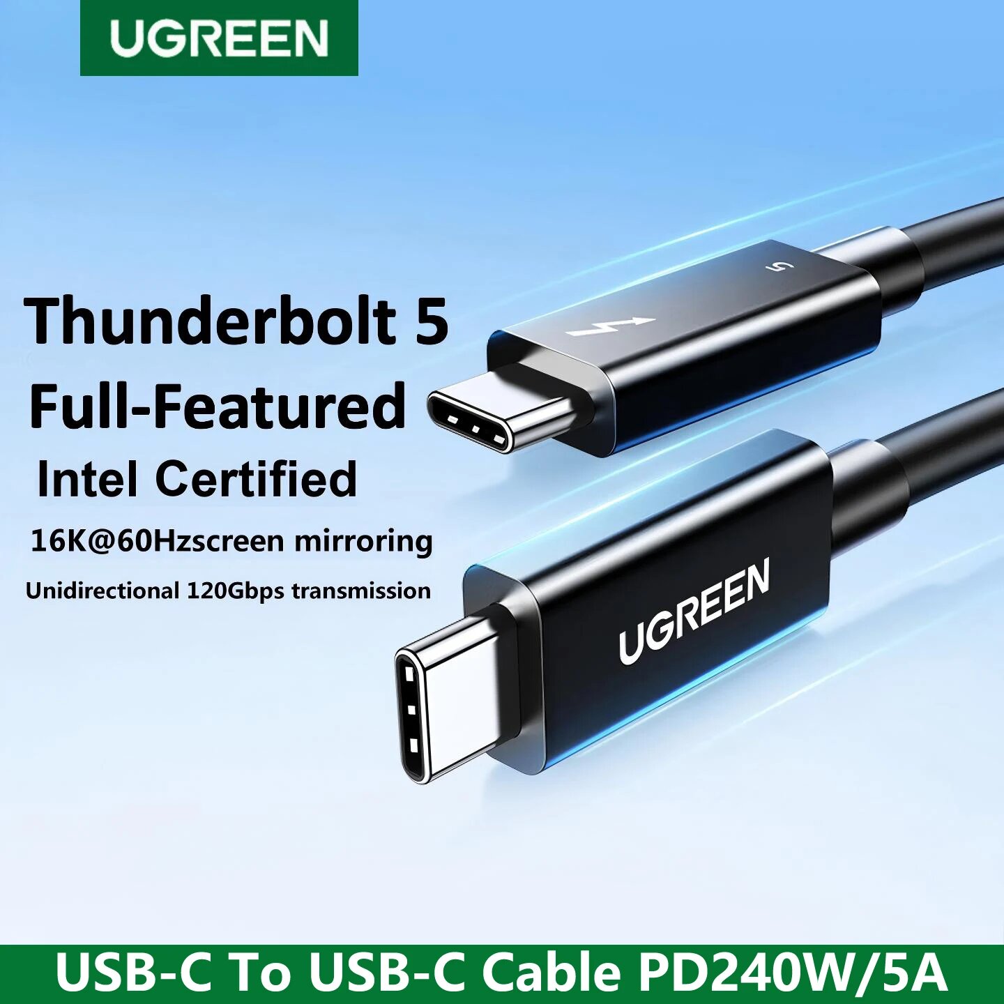 Кабель UGREEN Thunderbolt 5 USB 4 Type-C - Type-C, 240W PD, быстрая зарядка, передача данных 16K@60Hz, 120 Гбит/с, для Apple Macbook