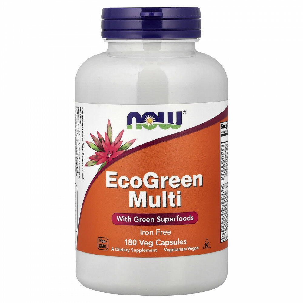 NOW Foods, Мультивитамины EcoGreen, без железа, 180 растительных капсул