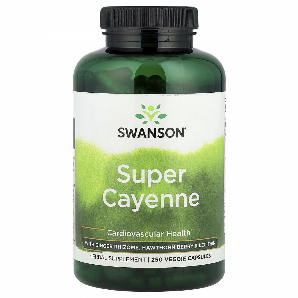 Swanson, Кайенский перец с корневищем имбиря, ягодами боярышника и лецитином, 250 растительных капсул