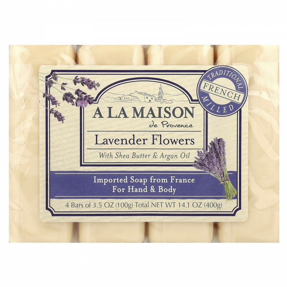 A La Maison de Provence, мыло для рук и тела, цветки лаванды, 4 шт. по 100 г (3,5 унции)
