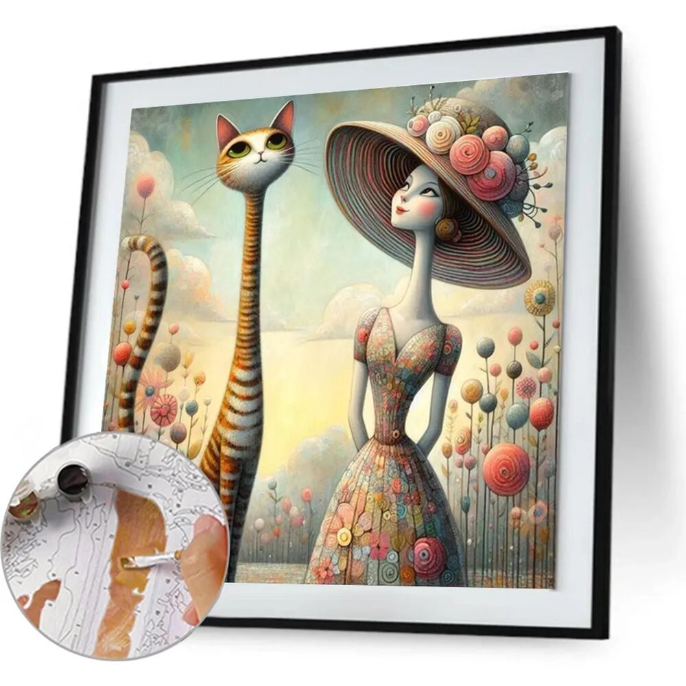 Цифровая картина с кошкой и девочкой 20x20 см на холсте без рамки