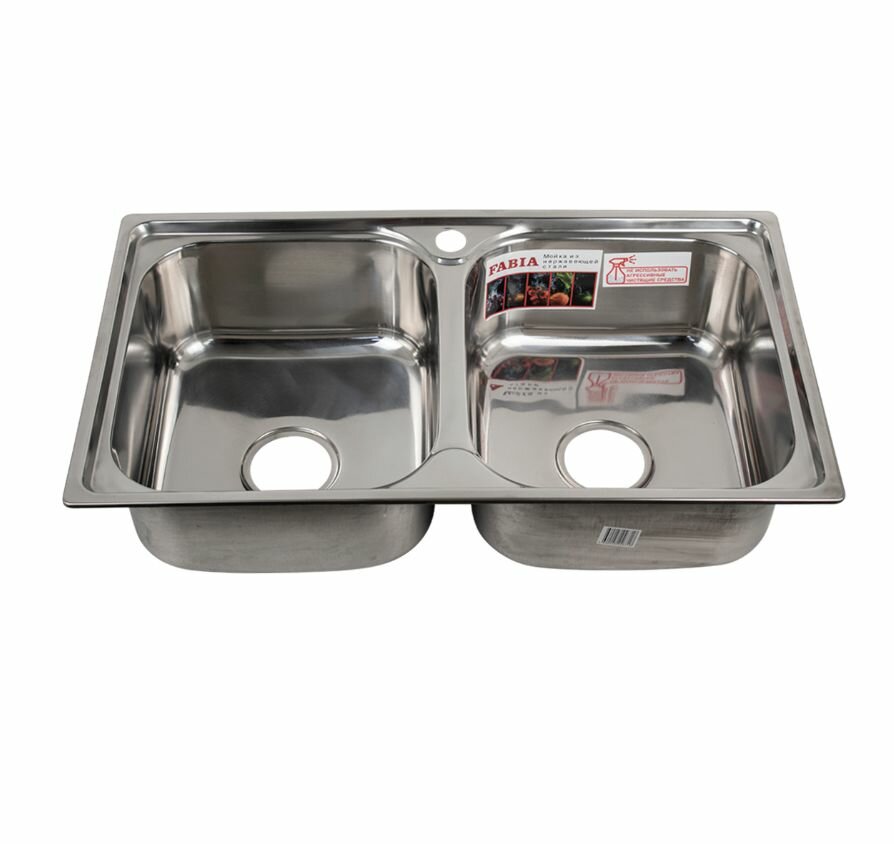 Мойка врезная, двойная 75 х 42 см толщина 0,8 мм глубина 180 мм + большой двойной сифон с переливом
