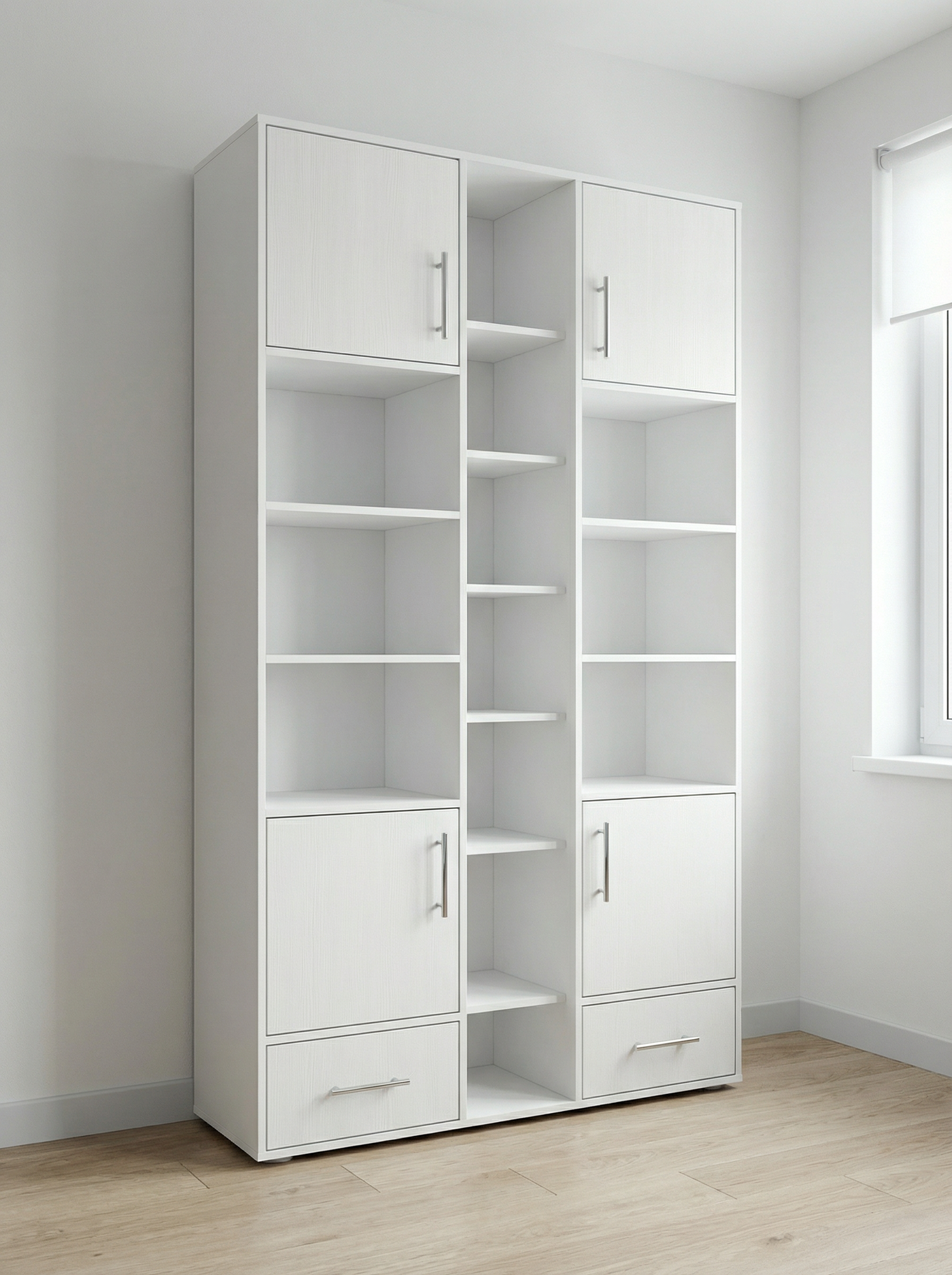 Стеллаж открытый напольный с 2 ящиками и 4 дверцами Стим-38, ШхГхВ: 130х38х220 см, белый