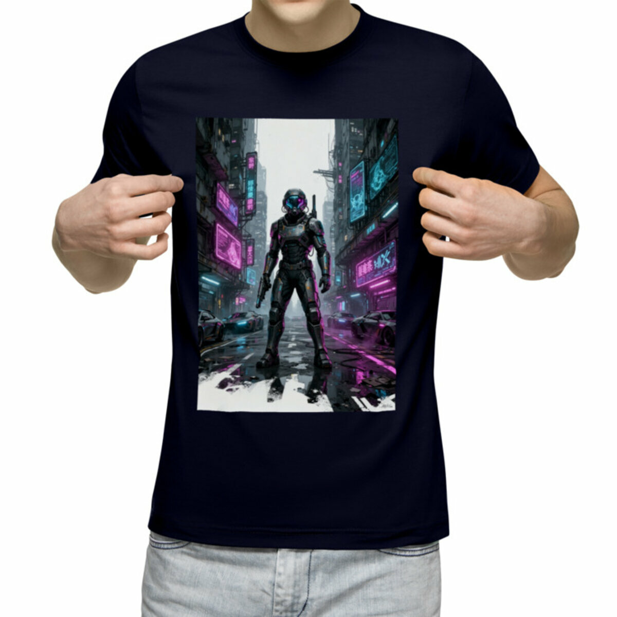 Мужская футболка «Воин киберпанка Cyberpunk» (темно-синий, M)
