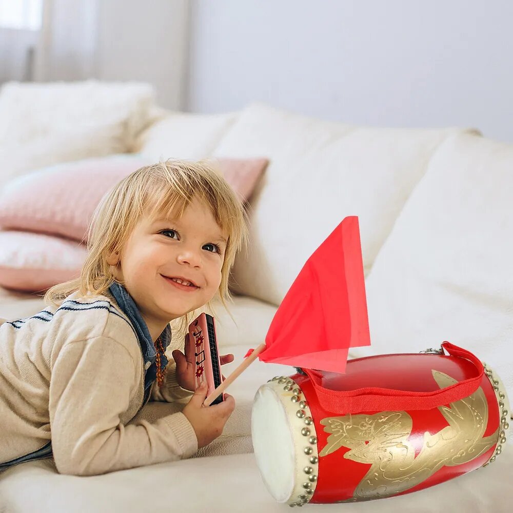 Красный кожаный поясной барабан с драконьим узором из коровьей кожи и дерева для детей