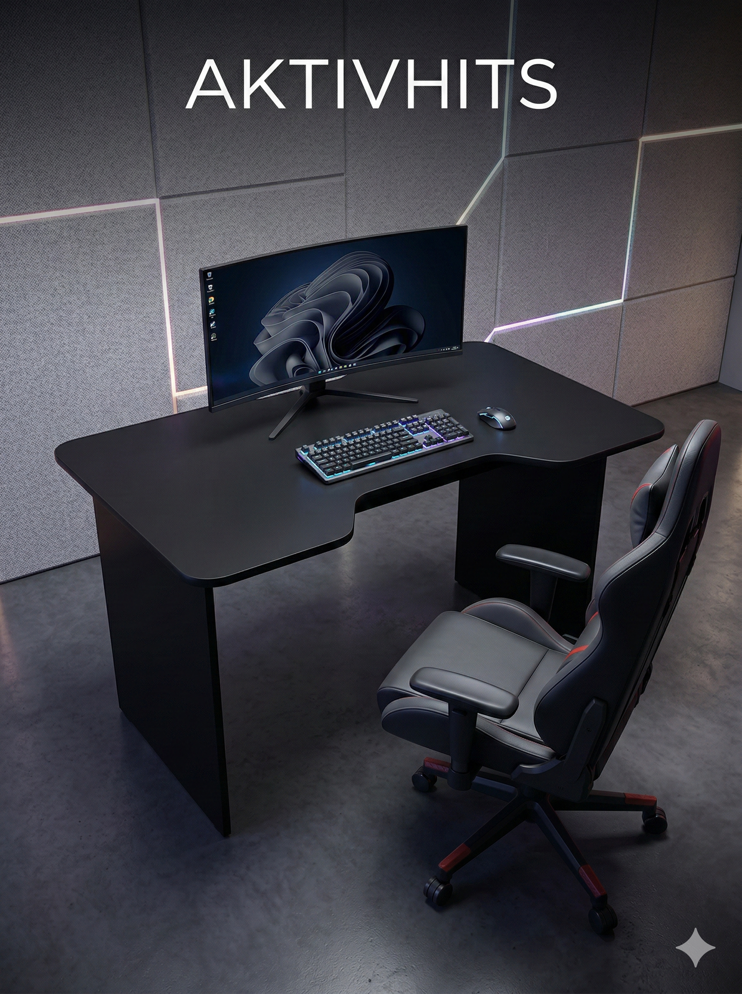 Игровой компьютерный стол AKTIVHITS, для геймеров, лдсп, кант 2мм.120х75х78 см. черный/черный.