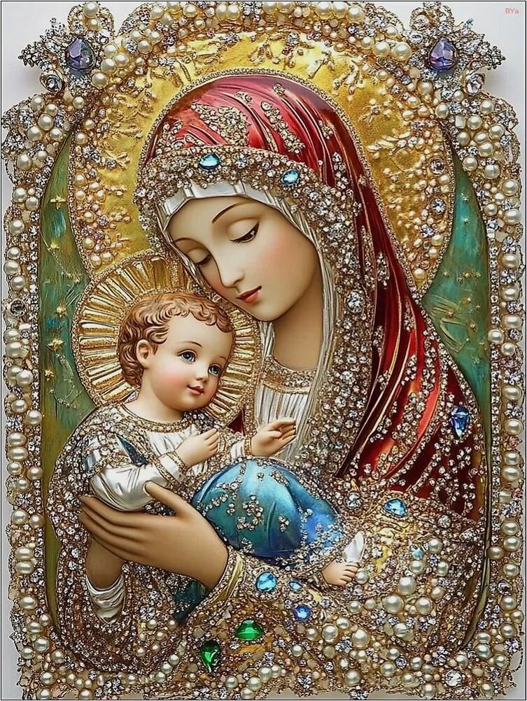 Алмазная картина "Богородица с Младенцем", 30x40 см. Православная икона, золотые узоры.(без подрамника, без рамки)