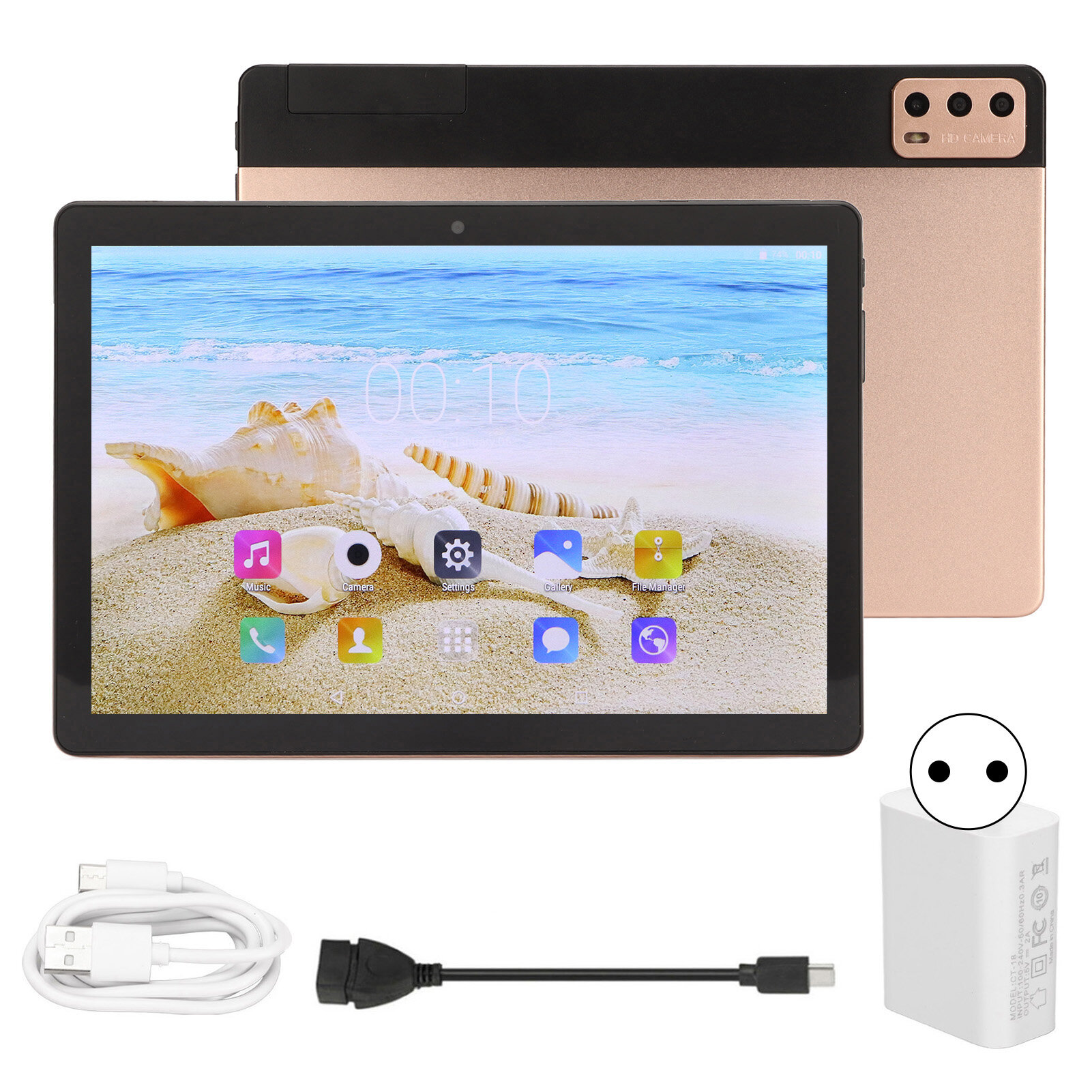 10дюймовый планшет 4G/128G с 3Gзвонками и 5G WiFi Android 10, 100240V, EU, золото