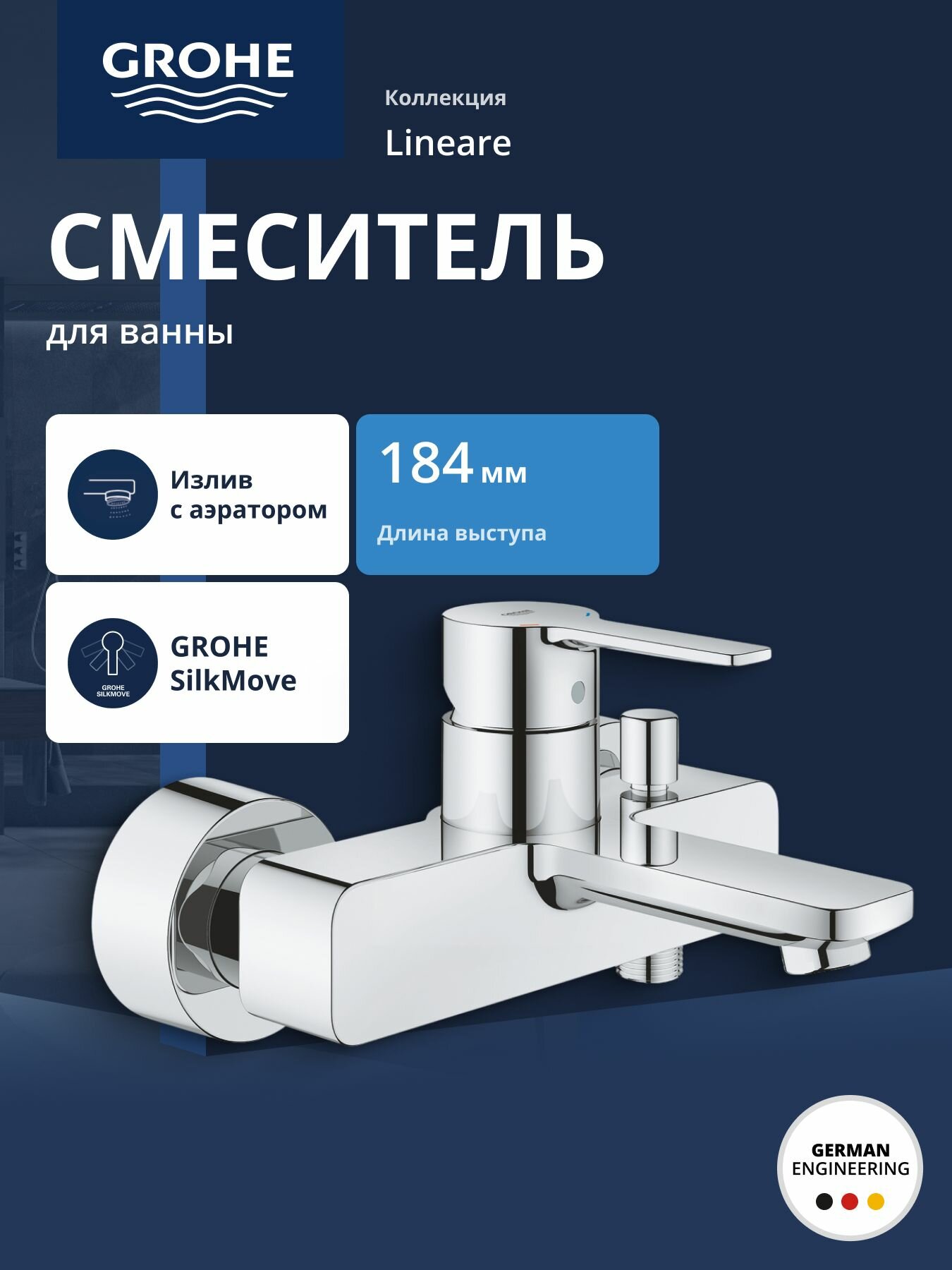 Смеситель однорычажный для ванны GROHE Lineare, DN 15, хром (33849001)
