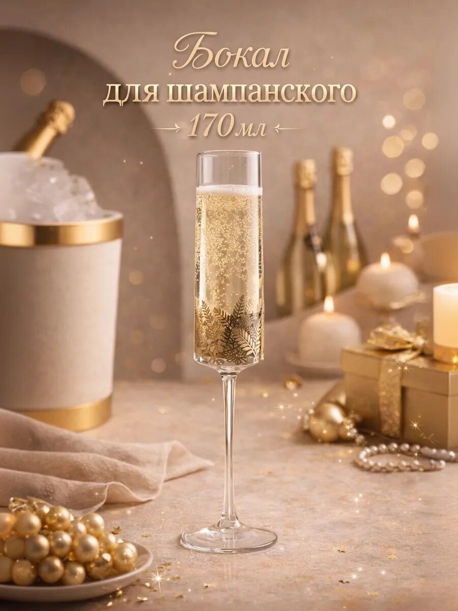 Бокал стеклянный для шампанского Magistro «Золотой лист», 170 мл, 5×24 см
