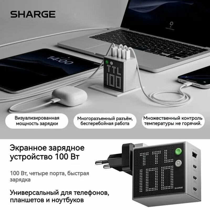 Sharge Pixel 100W/140W Зарядное устройство из нитрида галлия, многопортовое быстрое зарядное устройство type-c pd
