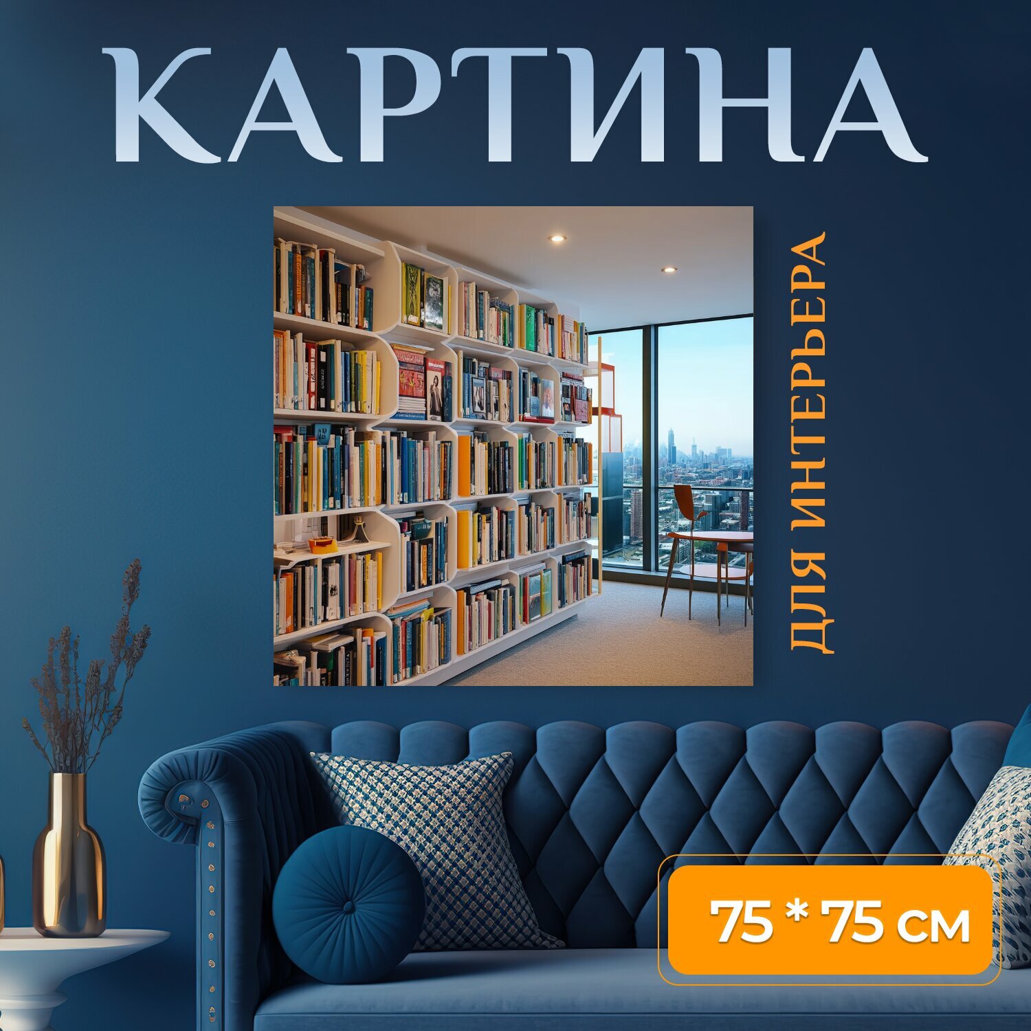 Картина на холсте "Библиотека в стиле модерн с необычными геометрическими полками и яркими иллюстрациями на спинах книг. окружение стеклянное." на подрамнике 75х75 см. для интерьера