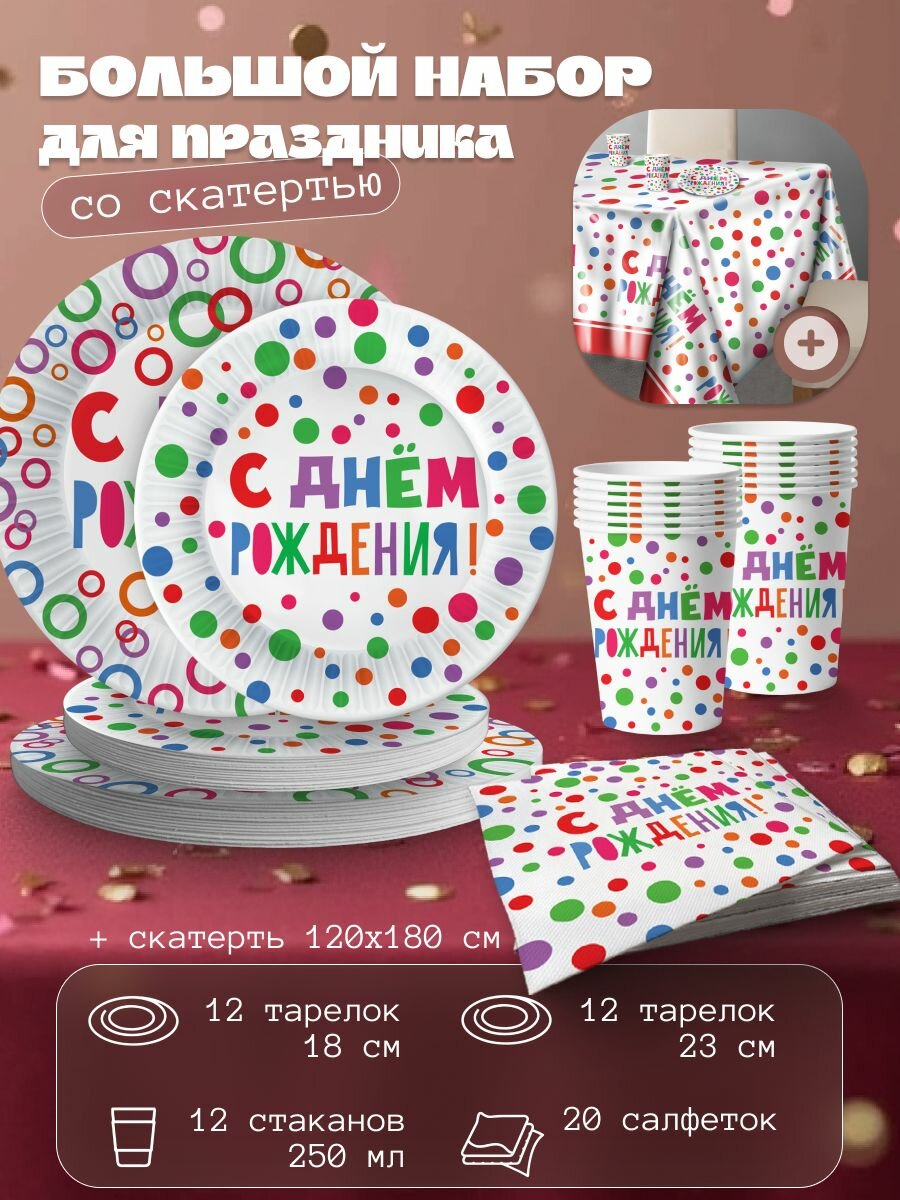 Большой набор для праздника "С Днем Рождения!" (стакан, тарелка 23см, тарелка 18см. по 12 шт, салфетки, скатерть)