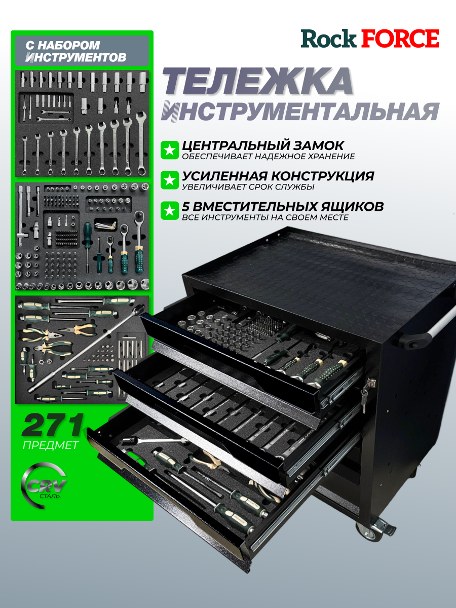 Тележка с замком и комплектом профессионального инструмента Rock Force 271 предмет в ложементах