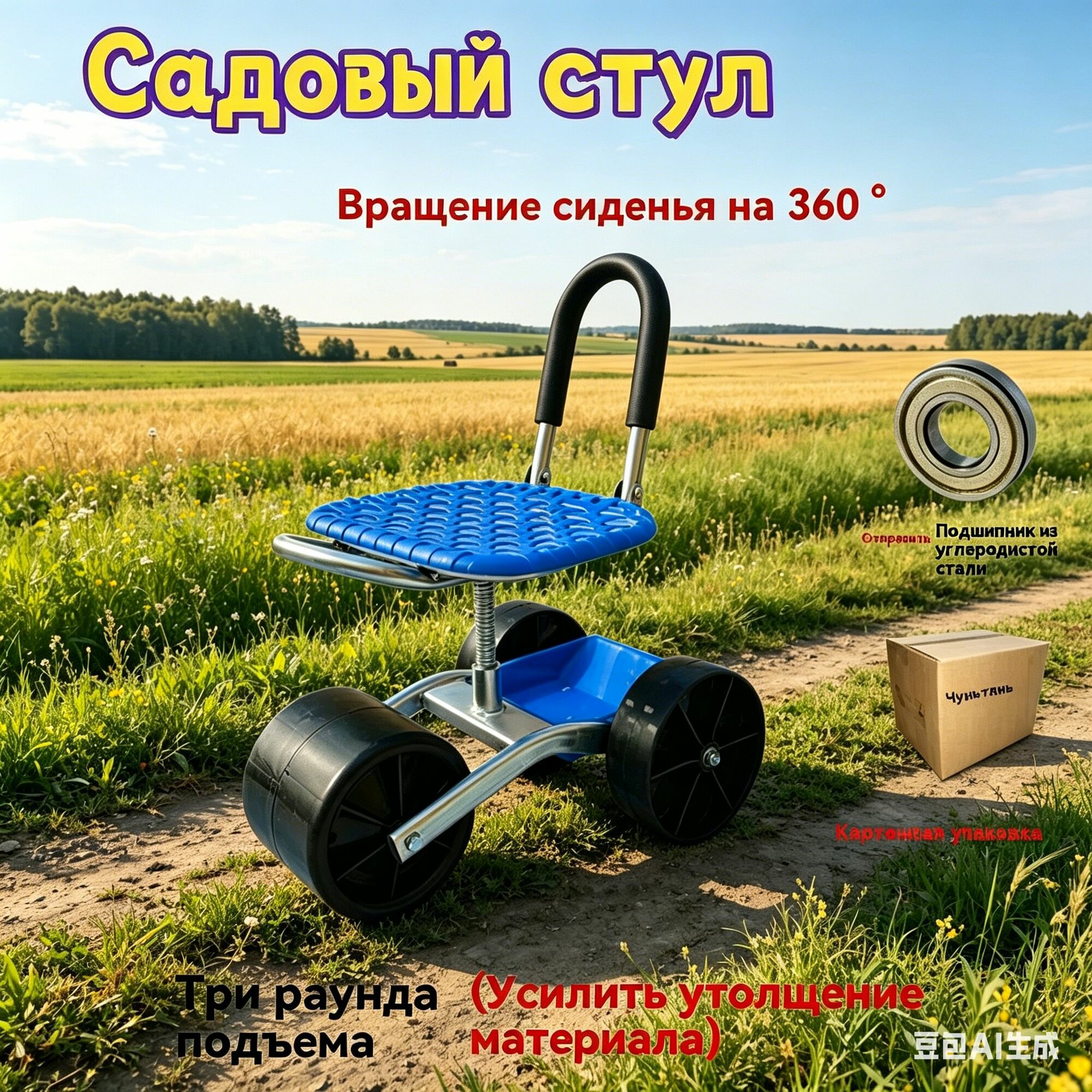 Садовый стул, для работы в саду, голубой, бескамерные колеса, ABS пластик