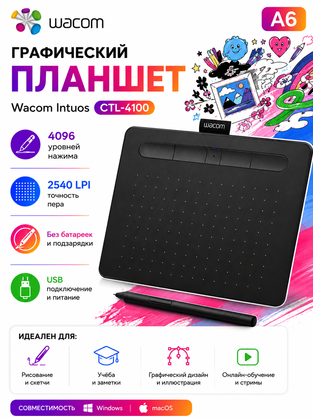Графический планшет Wacom "Intuos", A6, черно-белый, 4096 нажатий, 2540 линий на дюйм