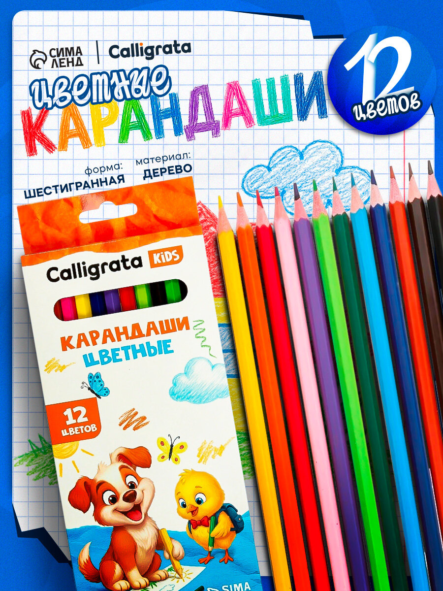 Карандаши Calligrata, цветные 12 цветов, заточенные, шестигранные, пластиковые