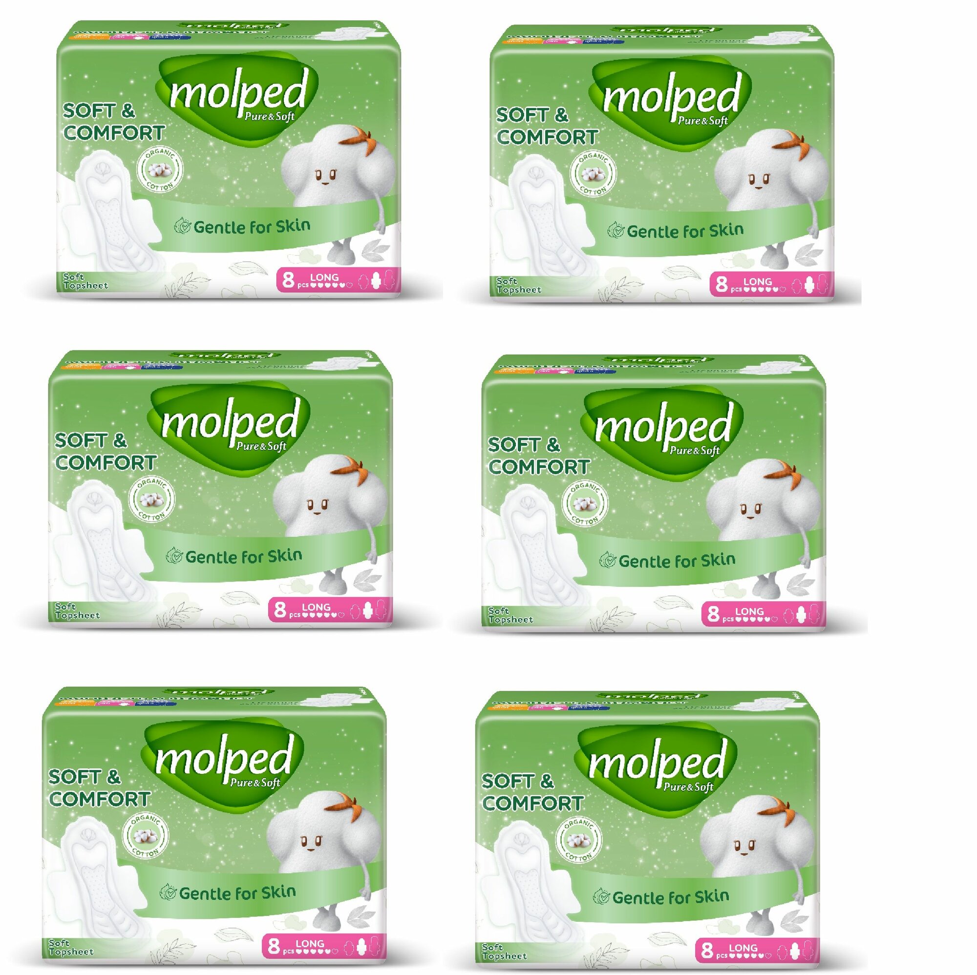 Molped Прокладки женские гигиенические PURE&SOFT Long, 8 шт/уп, 6 уп