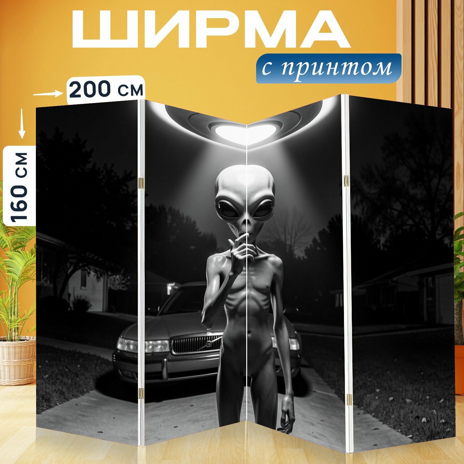 Ширма "Серый пришелец на дороге. Монохромная сцена: худой гуманоид с крупной головой застыл у автомобиля." перегородка для зонирования комнаты с принтом 200x160 см. на холсте